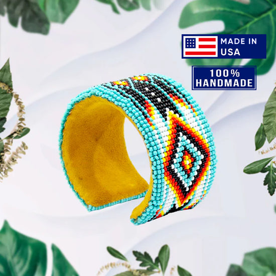 Handmade Beaded Cyan Blue Diamond Pattern Hard Cuff bracelet IBL ...